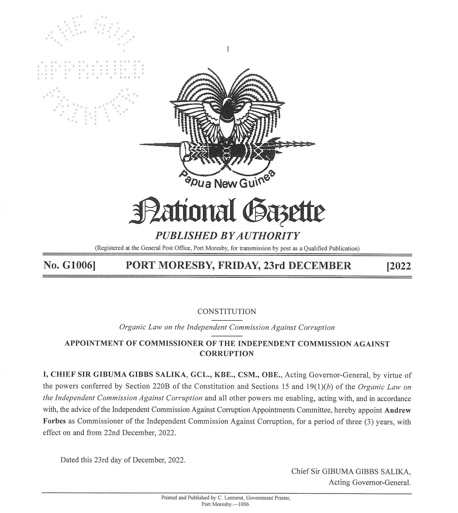 ICAC Commissioners Named | PNGi Central